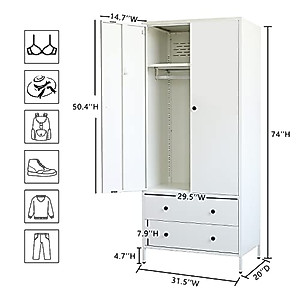 CJF Metal Storage Wardrobe with Hanging Rod, Armoire with 2 Doors and 2 Drawers，Steel Wardrobe Closet for Home, Office 74" H x 31.5" W x 20" D (White)