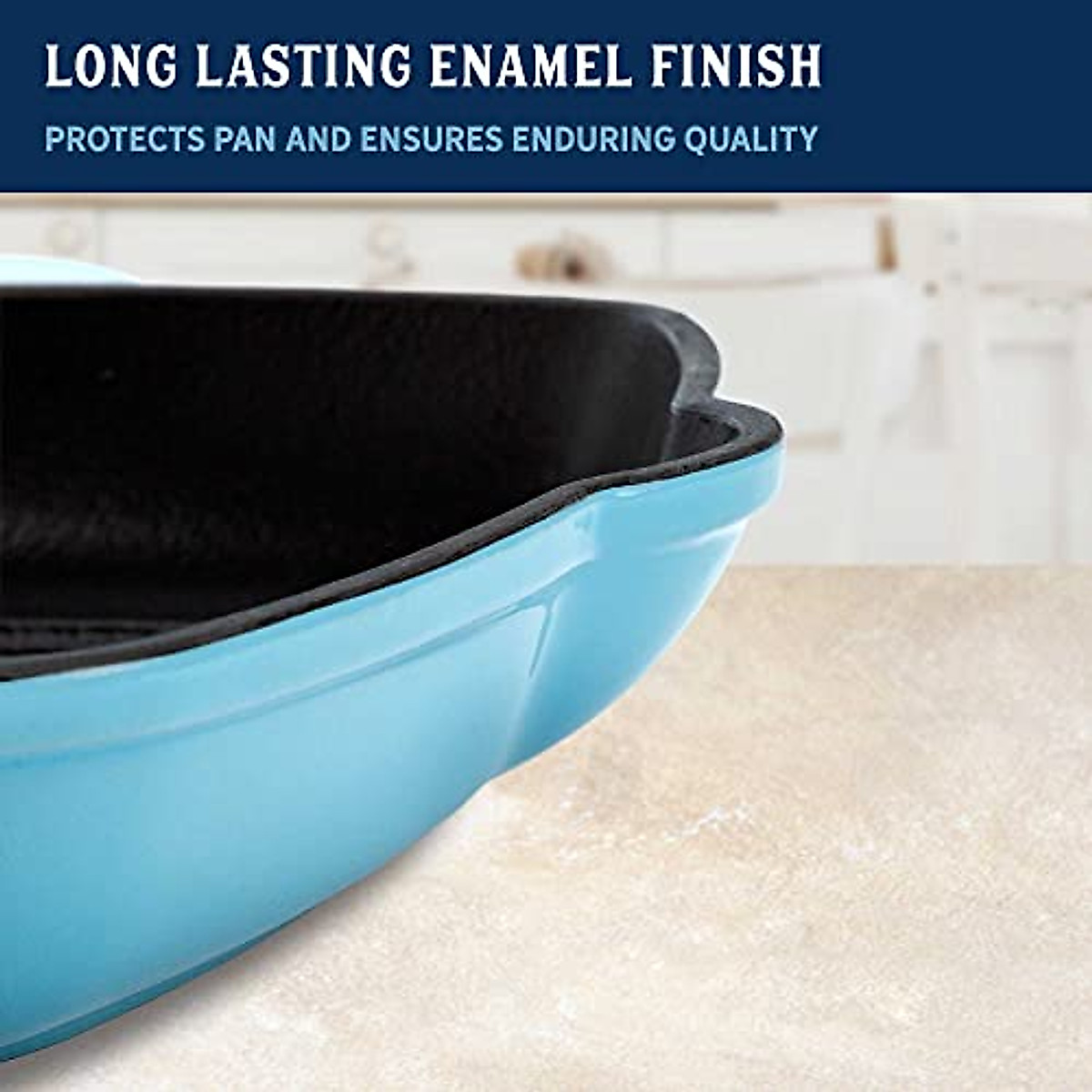 Country Living Enameled Cast Iron Square Griddle Grill Pan with Ridges, Helper Handle and Pouring Spouts for Easy Draining, Indoor Grilling Skillet, 11-Inch, Blue