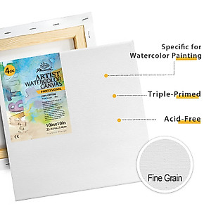 PHOENIX Watercolor Stretched Canvases, 10x10 Inch/4 Pack - 8 Oz, 3/4 Inch Profile, 100% Cotton Triple Primed White Blank Canvases for Watercolor, Acrylic, Gouache, Tempera, Crafts & Pouring Art