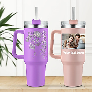 Personalized Tumbler with Handle Straw Custom Insulated Tumblers with Name Birth Flowers Customized 40 oz Stainless Steel Travel Cup Gifts for Women Men Birthdays Christmas Anniversary