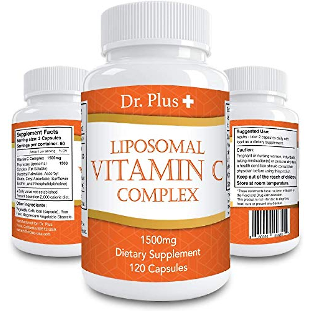Dr.Plus + Liposomal Vitamin C Complex 1500mg - 120 Capsules - High Absorption Vitamin Powerful Antioxidant High Dose Fat Soluble Supplement Set of 2