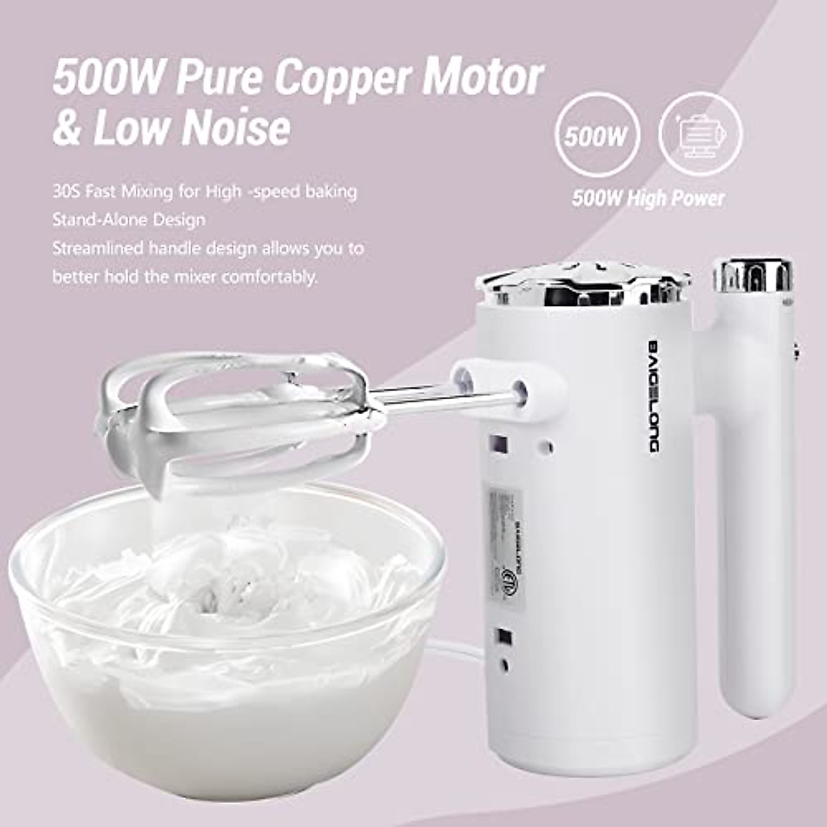 BAIGELONG Hand Mixer Electric, 500W Ultra Power Handheld Mixer with Continuously Variable Speed Control, 5 Stainless Steel Accessories Kitchen Mixer for Baking, Dishwasher Safe, White Silver
