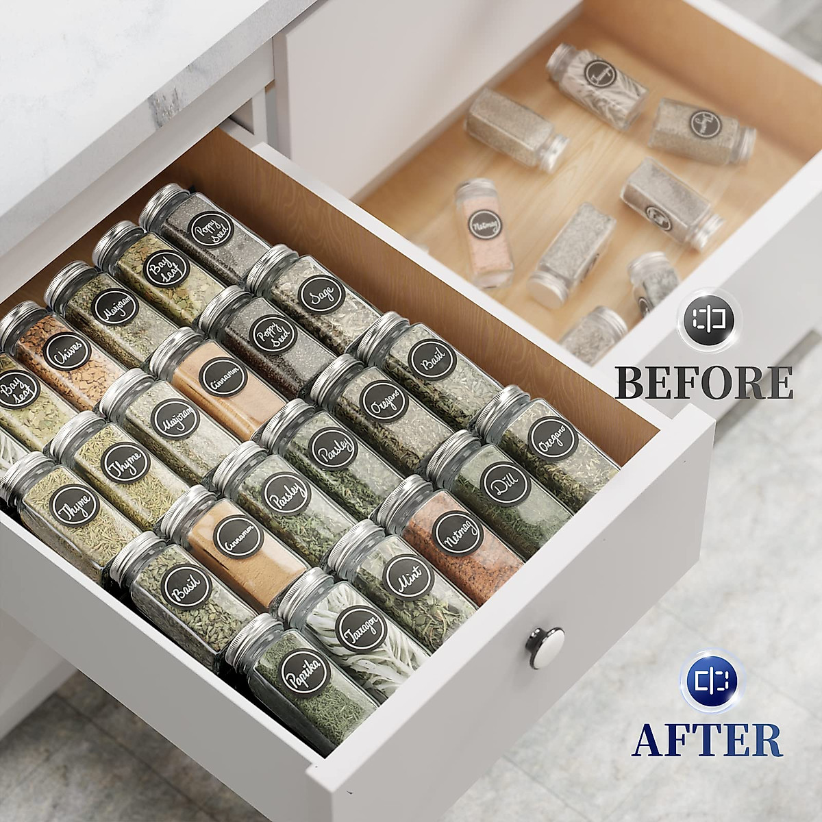 Kitsure Spice Rack, Spice Drawer Organizer with 24 Spice Jars, 216 Spice Labels and Chalk Marker, 4 Tier Seasoning Rack Tray Insert for Kitchen Drawers, 11.8" Wide x 1.18" Deep