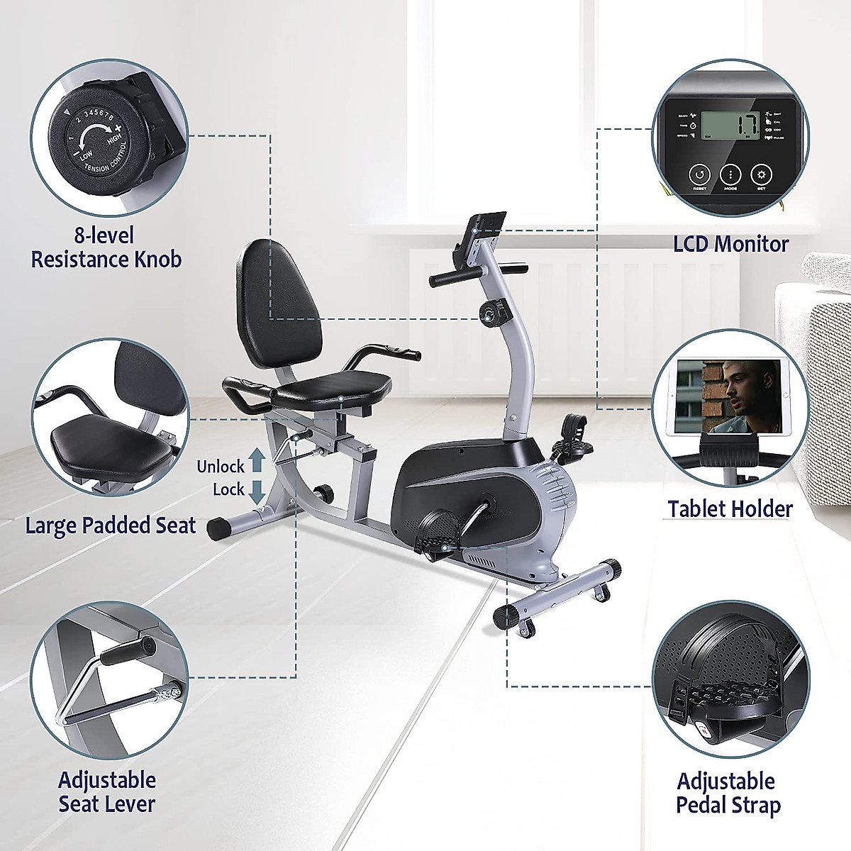 Magnetic Recumbent Exercise Bike Indoor Stationary Bike with Adjustable Cushion Seat and Resistance,Pluse Monitor,Transport Wheels and Tablet Holder for Home Use