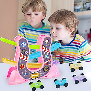 Toys Car Ramp Racer Toy Vehicle Track Set for Toddler 1 2 3 Year Old Boys Girls Gifts,Garage Playset with 4 Mini Racers & Building Parking Lot, Pink