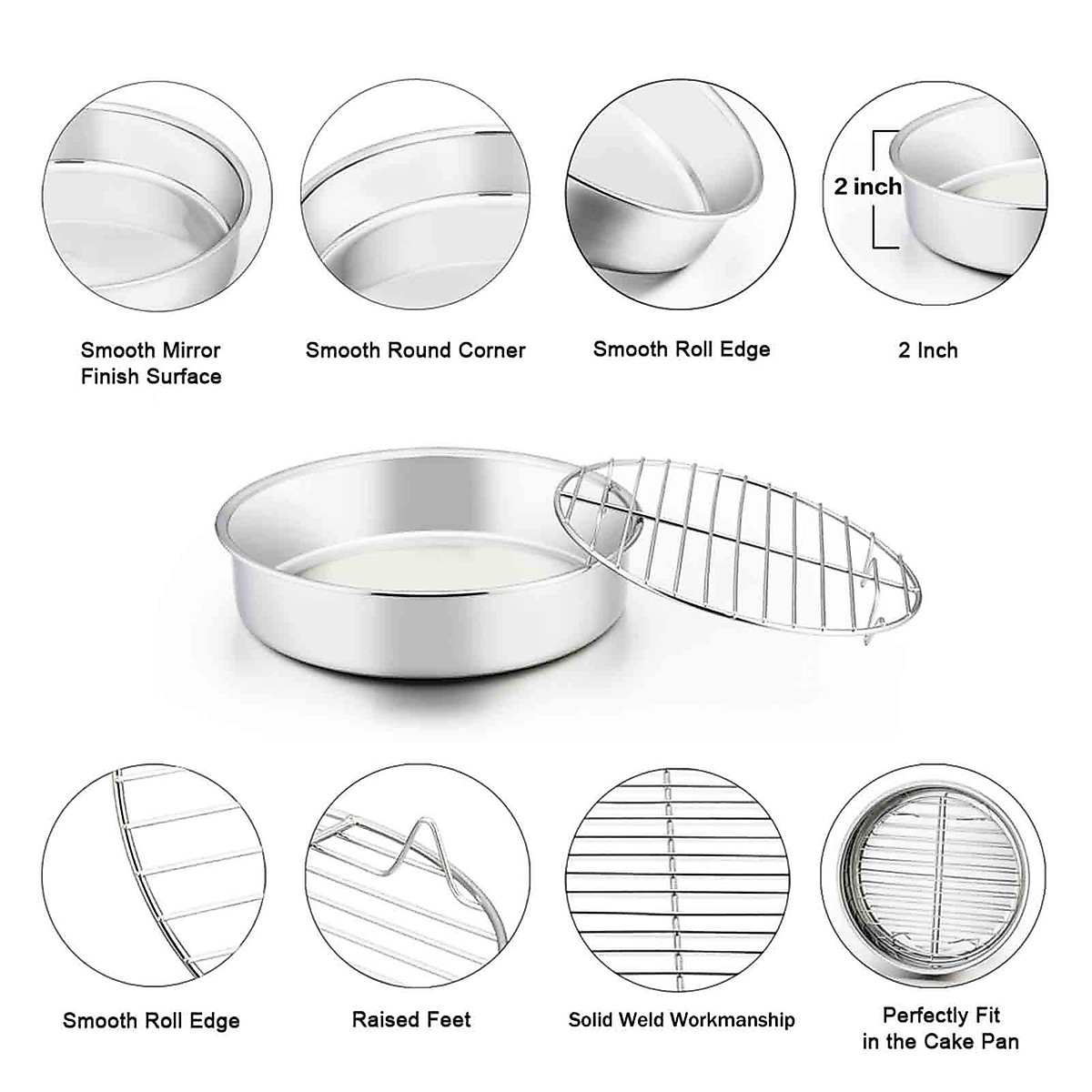 TeamFar 8 Inch Cake Pan and Rack Set of 4, Stainless Steel Round Tier Cake Pans, for Baking Cooling Steaming, Fit in Oven, Pot, Pressure Cooker, Healthy & Mirror Finish, Dishwasher Safe