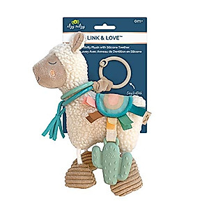 Itzy Ritzy Link & Love Toy for Stroller, Car Seat or Activity Gym, Features Textured Ribbons, Crinkle Sounds, Clinking Rings & Silicone Teether, Llama