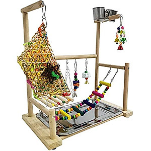kathson Parrot Playstand Bird Playground Conures Play Stand Wood Perch Gym Playpen Ladder Parakeets Cage Accessories Exercise Toys with Swings Feeder Cups for Cockatoos Lovebirds
