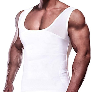 GKVK Mens Slimming Body Shaper Vest Chest Compression Shirt Abs Abdomen Slim Tank Top Undershirt, White, Medium