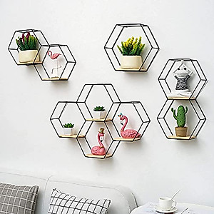 U-M Hexagon Floating Wood Book Shelves, Iron Storage Holder Wall-Mounted Multifunctional Nordic Style Geometric Firm Hexagonal Shelf for Home Bedroom Bathroom Black S1 Nice Design