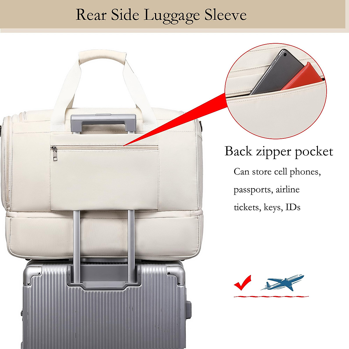 Makukke Weekender Overnight Bag for Women, Large Travel Carry on Duffle Bag with Shoe Compartment & Toiletry Bag, Sports Tote Gym Bag, Beige Weekender Bag