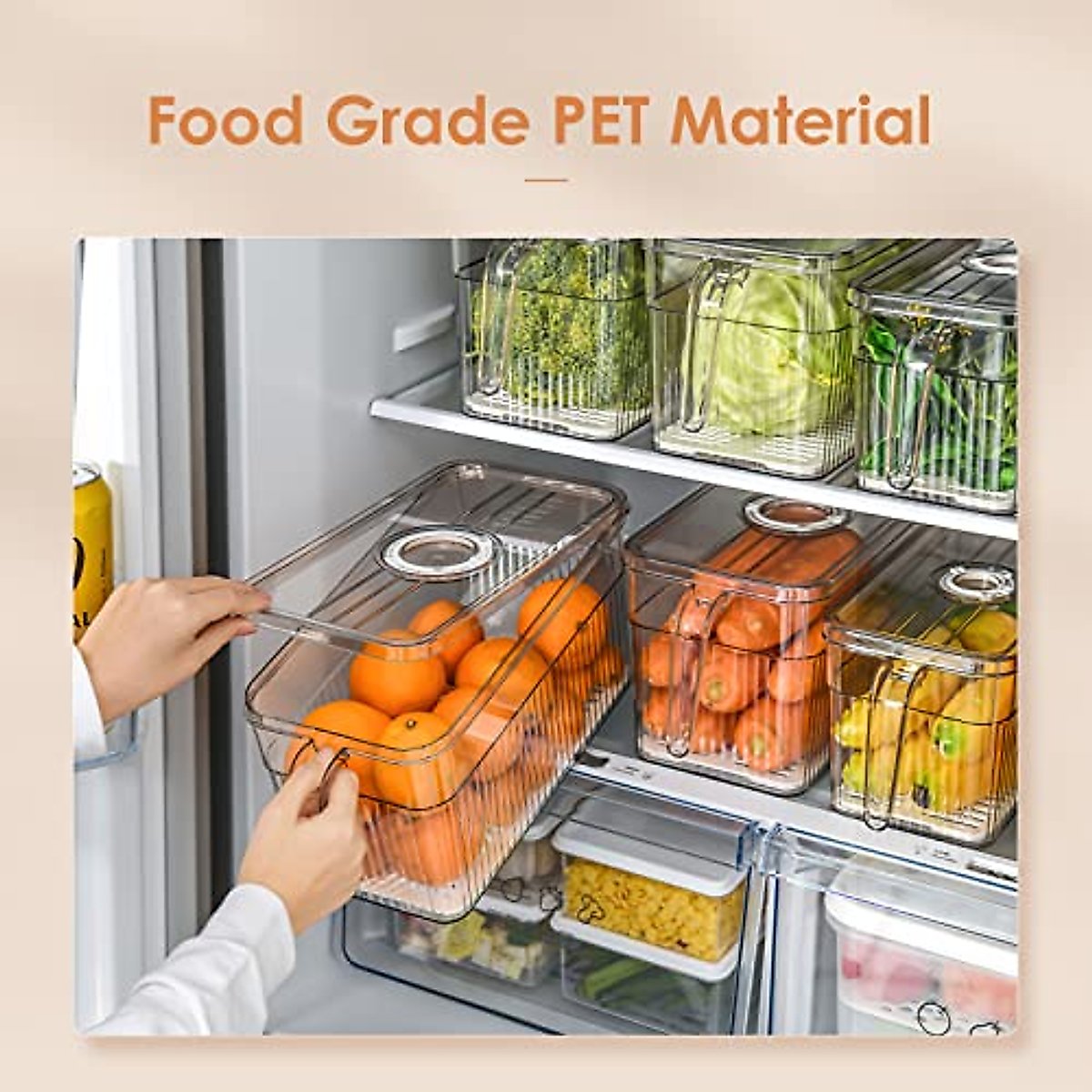 Produce Saver Containers for Refrigerator, 6.3Lx4 Organizer Bins with Lids Stackable Large Food Storage Container Sets with Drain Tray, Square Handle Food Storage Organizer Boxes, BPA Free, Set of 4