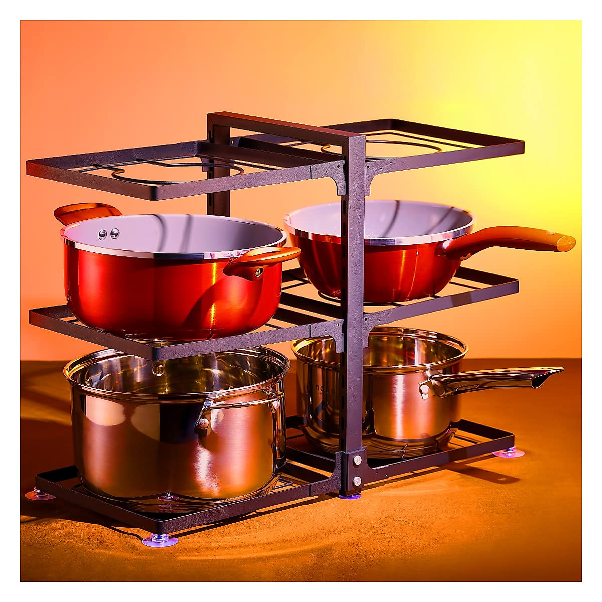 HOYRR Pots and Pans Organizer,Pot Organizer Rack For Under Cabinet,Pan Organizer,6 Tier Bilateral Adjustable Pot Rack,Pot and Pan Organiser For Kitchen Organisation and Storage.(Black)