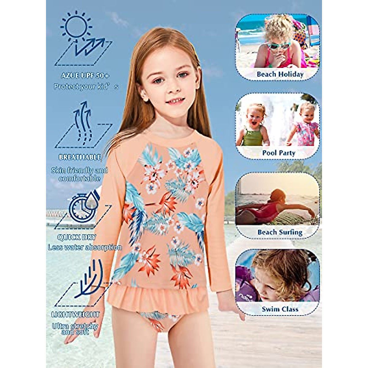 Girls Two Piece Swimsuits Baby Girls Long Sleeve Tankini Girls Rash Guard Set UPF 50+ Toddler Bathing Suit Swimwear Navy Watermelon 2-3T