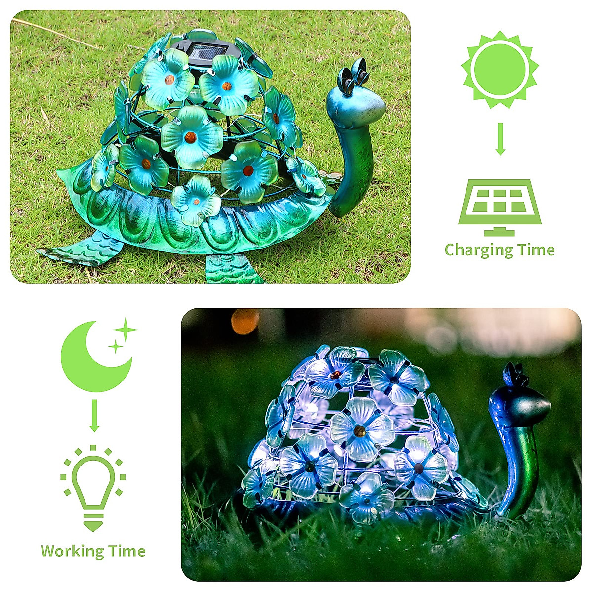 VCUTEKA Solar Light Outdoor Waterproof - Metal Turtle Floral Solar LED Lights Garden Figurine Light for Patio Lawn Yard Decor, Ideal Gift