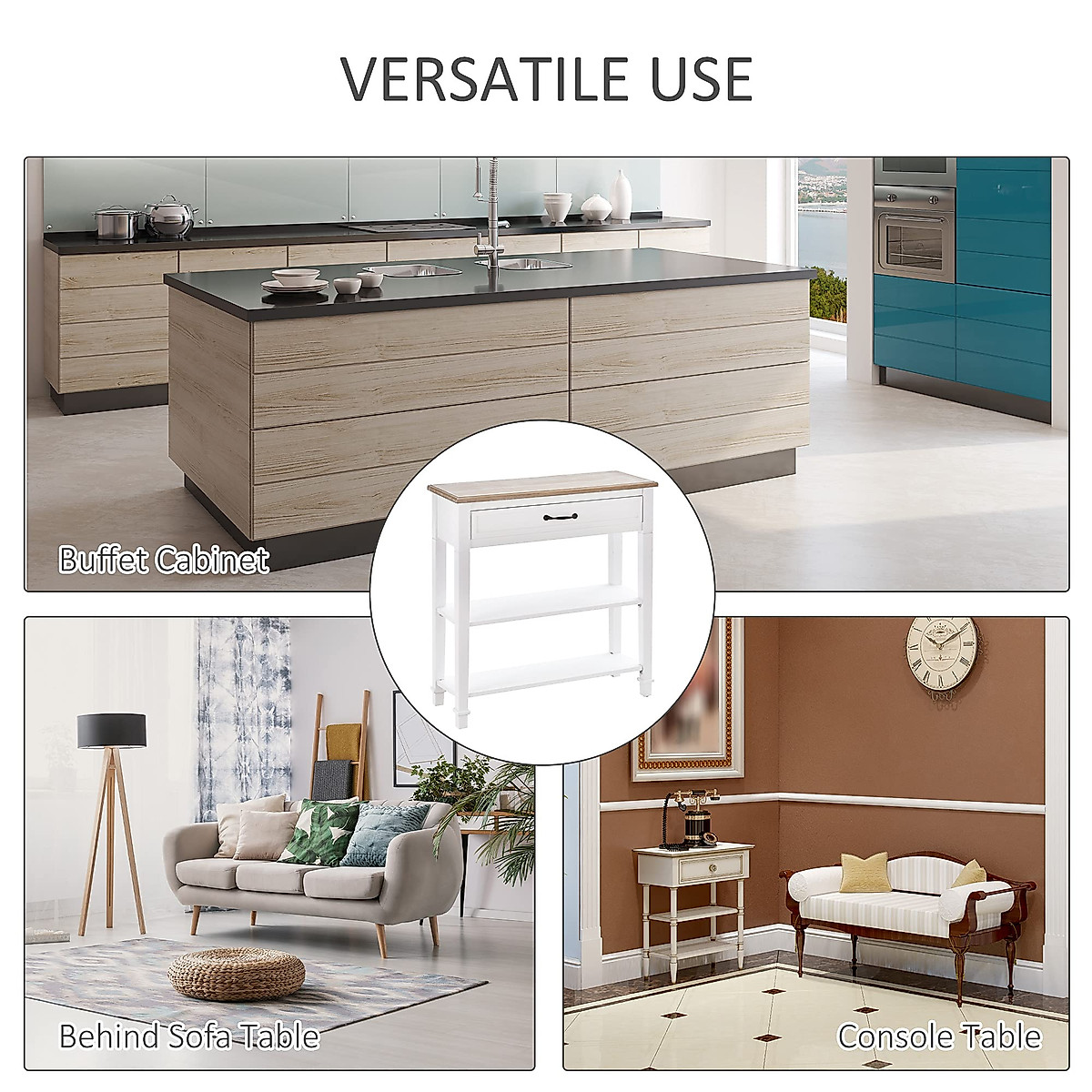 HOMCOM Modern Style Sofa Console Entry Hallway Table with Drawer and Shelves, Sturdy Build, and Large Storage, White