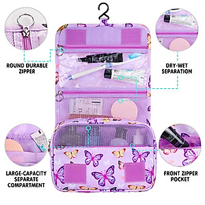 Vipdeal Kids Hanging Toiletry Bag for Girls, Travel Toiletry Bag for Little Young Girls Cosmetic Makeup Waterproof Wash Bag Toddler Traveling Toiletries, Butterfly Purple