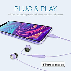 Realm Lightning Earbuds for iPhone, Apple MFi Certified Headphones, in-Ear Headphones with Built-in Microphone, Hands-Free Calling and Track Controls, Purple