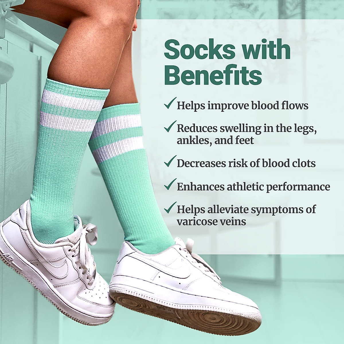 Love Classic, Mint, Medium-Large, Light Weight Compression Athletic Crew Socks for Women