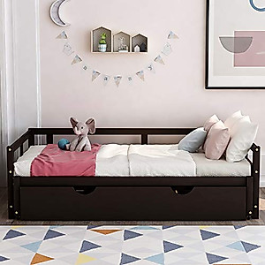 RUNWON Extendable Daybed with Trundle,Wooden Platform Sofa Bedframe Space Saving Twin to King Size Extend Bed Furniture for Bedroom Living Room