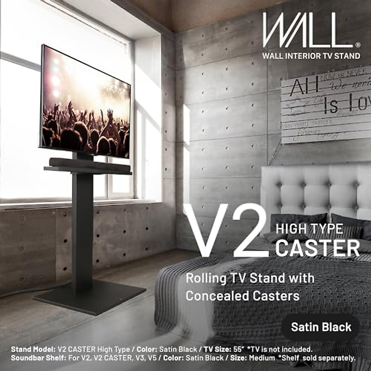 WALL V2 Caster High Type, Japanese Rolling Portable Free-Standing 32-60 Inch Universal TV Stand with Concealed Wheels - Satin Black