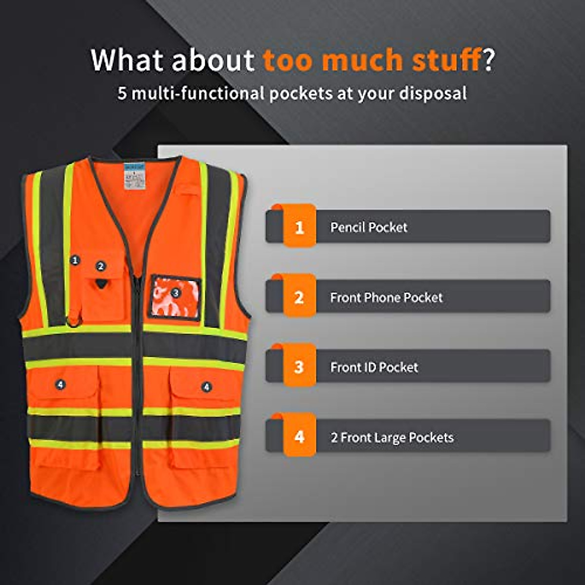 SHORFUNE High Visibility Safety Vest with Pockets, Mic Tab, Reflective Strips and Zipper, ANSI/ISEA Standards,Oange,M