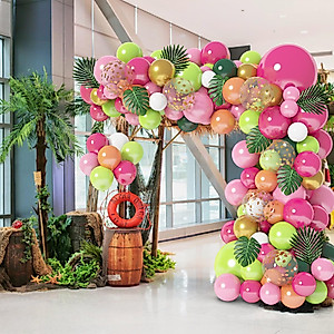 146Pcs Tropical Balloons Garland Arch Kit, Hawaiian Luau Tropical Aloha Flamingo Party Decorations Hot Pink Fruit Green Rose Gold Confetti Balloons Palm Leaves Birthday Baby Shower Wedding Supplies