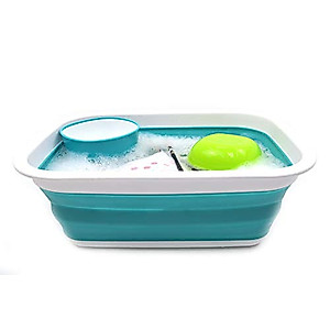 SAMMART 2 pcs Set : 42L (11 Gallon) Collapsible Plasic Laundry Basket & 9.2L (2.37 Gallon) Collapsible RectangularTub (Laundry Basket+Tub, Light Green+Bright Blue)