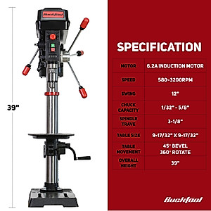 BUCKTOOL 12 INCH 6.2A Professional Bench Drill Press, 3/4HP Powerful Benchtop Drill Press, Variable Speed Drill Press with IIIA Laser and Work Light
