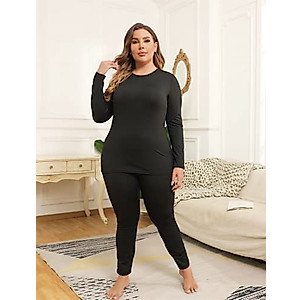 COOTRY Plus Size Thermal Underwear for Women Long Johns Fleece Lined Base Layer Top and Bottom Sets Set - Black 3XL