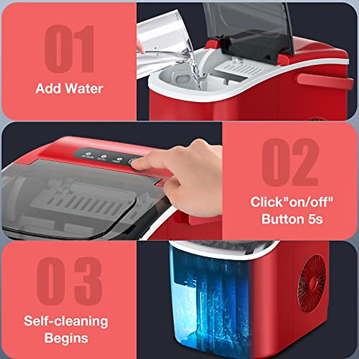 Ice Maker Countertop, Fast Ice Making in 6 Mins 9 Bullet-Shaped Ice, 26.5lbs/24Hrs, Portable Ice Maker Machine with Self-Cleaning, Ice Scoop, Ice Bags and Basket, for Home/Kitchen/Office/Bar/Party