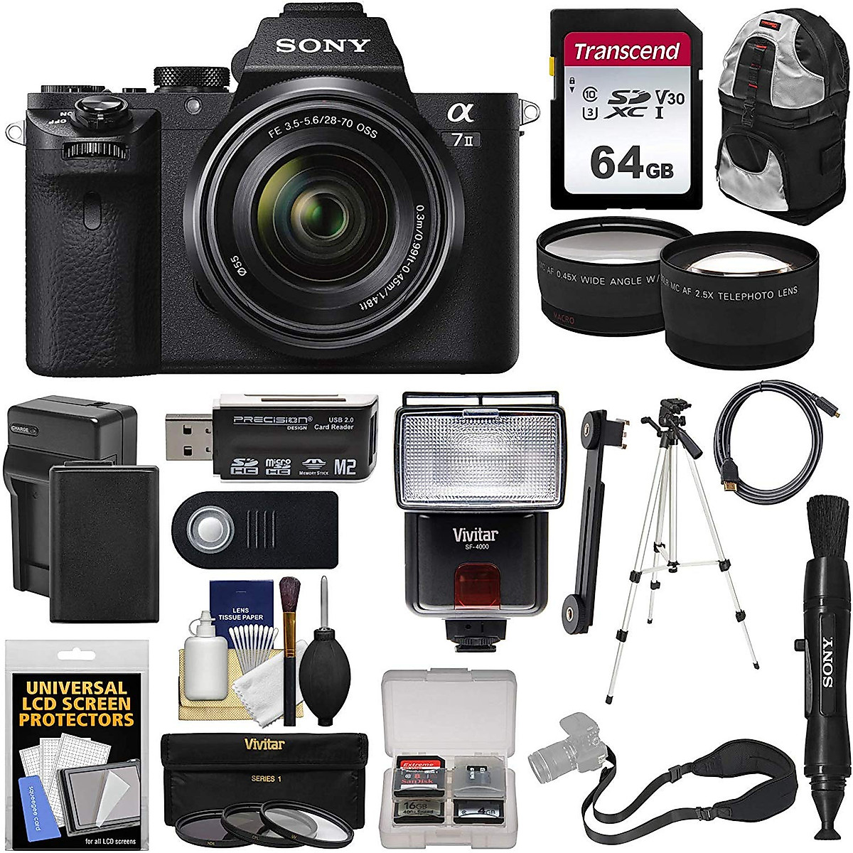 Sony Alpha A7 II Digital Camera & 28-70mm FE OSS Lens with 64GB Card + Battery + Backpack + Strap + Tripod + Flash + Tele & Wide Lens Kit