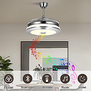 MoreChange 36" Retractable Ceiling Fans with Lights and Music Speaker,Modern Bluetooth LED Chandelier Fans For Dining Room wih Remote Control 3 Speeds 3 Color Changes Lighting Fixtures for Living