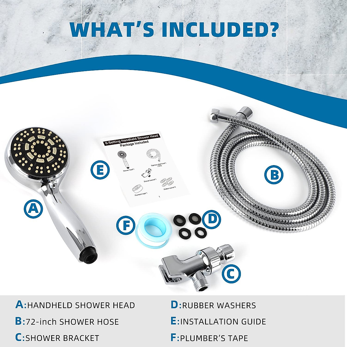 Shower Head with Handheld, TEYOON Shower Head 6 Spray, with 70.8'' Stainless Steel Hose and ABS Bracket, Premium Chrome