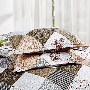 Dinjoy Floral Plaid Patchwork Quilt Set King Size, Reversible Brown Bedding Set Soft Microfiber Lightweight Bedspread Coverlet 3 Piece Spring Summer Use (104x90 inches)