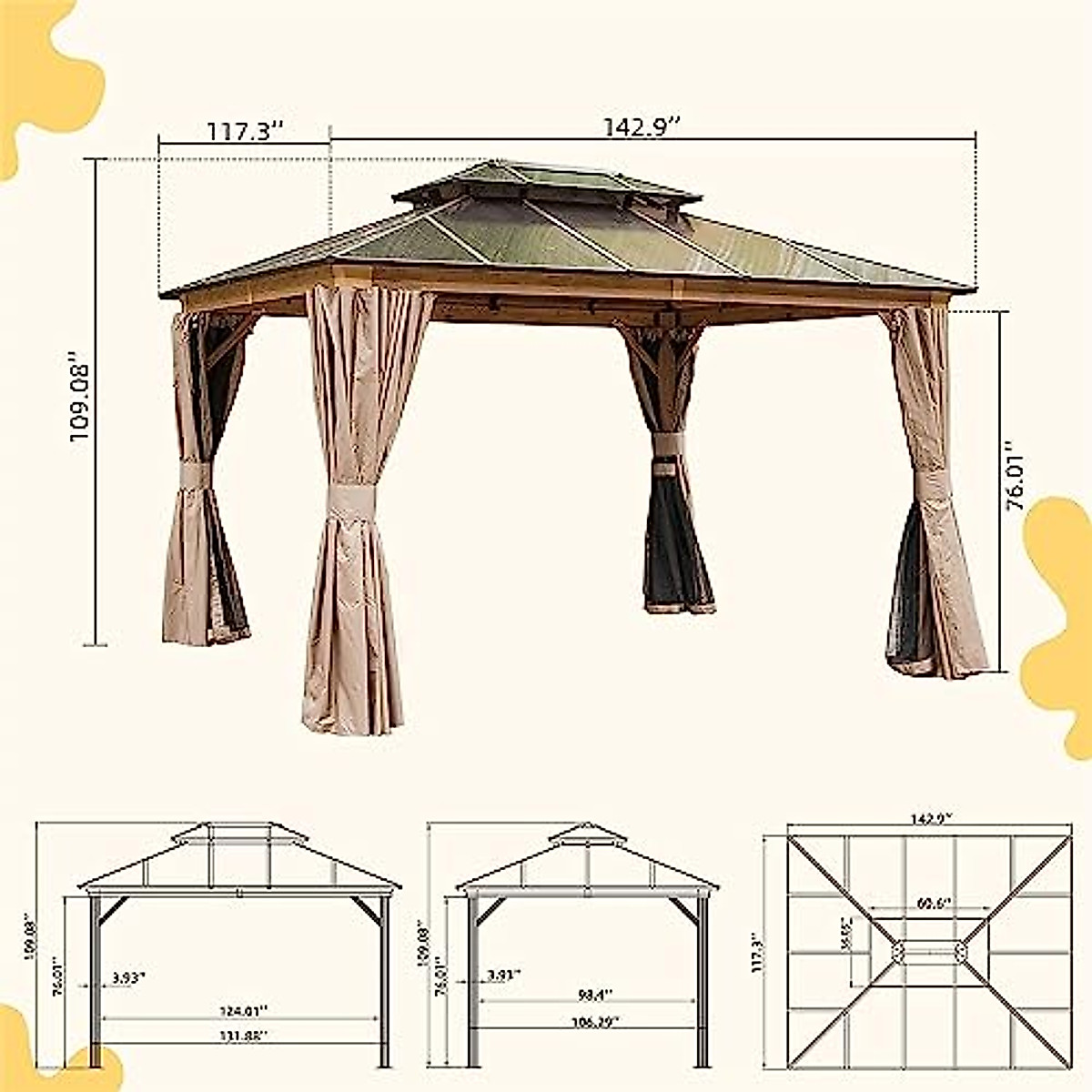 Evedy 10'x12' Hardtop Gazebo,Aluminum Gazebo Pavilion with Curtain and Net,Permanent Outdoor Gazebo with Polycarbonate Double Roof,for Garden, Patio, Lawns, Deck, Backyard-Yellow Brown