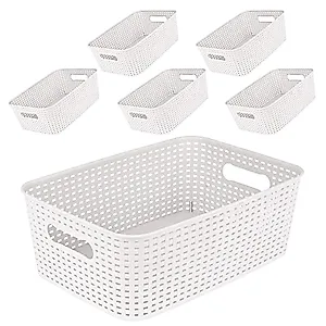 MBKO Plastic Storage Basket - Kitchen Office Pantry Organizer Bins (Medium-6PK, White)