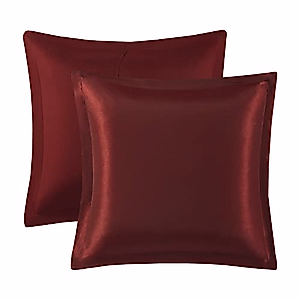 Madison Park Essentials Jelena Room in A Bag Faux Silk Comforter Classic Luxe All Season Down Alternative Bedding, Matching Bedskirt, Curtains, Decorative Pillows, Queen(90"x90"), Red 24 Piece