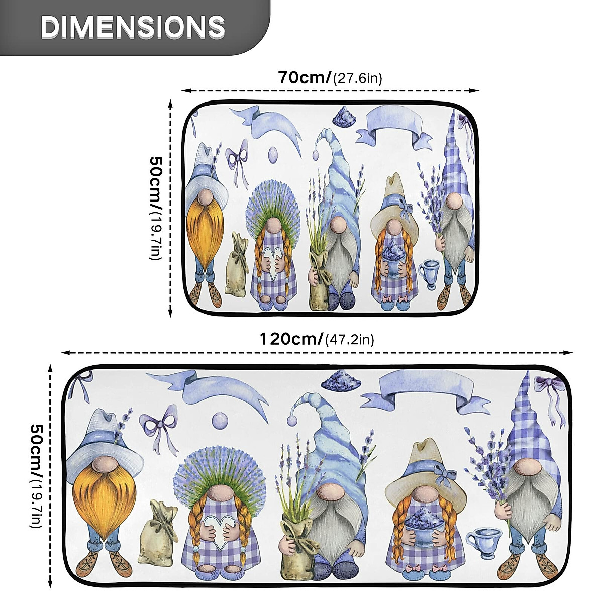 ALAZA Lavender Gnome Kitchen Mat Set 2Piece,Super Absorbent Kitchen Rugs Mats Non Slip Waterproof Easy Clean Carpets Rugs for Kitchen Floor Sink Laundry Runner Area Rug Carpet