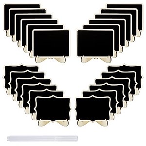 JEFURE 24 Pack Small Chalkboard Labels with Easel Stand, Mini Chalkboard Signs, Wooden Blackboard for Table Numbers, Food Signs, Wedding Signs, Place Cards and Event Decoration, with 1 Liquid Chalk