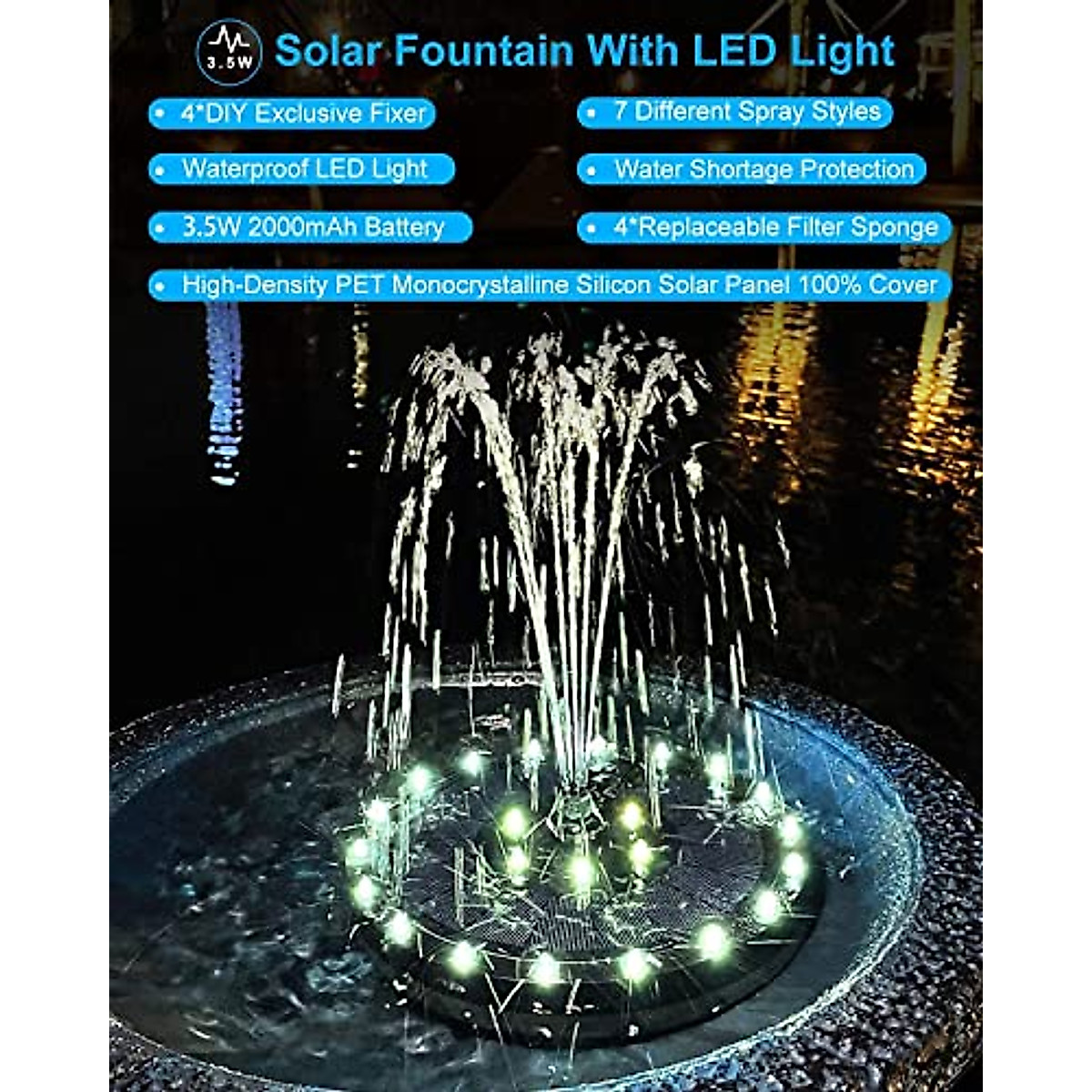 Yzert 3.5W Solar Fountain with White LED Light, Built-in Battery Bird Bath Fountains Solar Power with 4 Fixed Rods, Solar Fountain Pump for Bird Bath Pool, Pond,Outdoor and Garden
