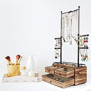 Jewelry Organizer - 2 Layer Wooden Jewelry Drawer Storage Box with 6 Tier Jewelry Tree Stand, Jewelry Display for Necklaces Bracelet Earring Ring (Carbonized Black)