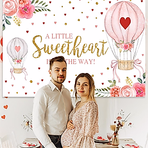 MEHOFOND Sweetheart Baby Shower Party Decorations Backdrop Up Up and Away Hot Air Balloon Pink Red Floral Gold Hearts Valentine Girl Baby Shower Photography Background Photo Banner 7x5ft