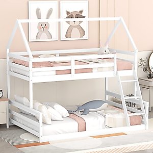 Harper & Bright Designs Low Twin Over Full House Bunk Beds, Wood Bunk Beds with Roof and Guard Rail, House Bed Built-in Ladder for Kids, Teens, Boys, Girls (White)