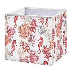 Kigai Coral Seahorse Storage Bins Rectangular Foldable Storage Baskets Bin Waterproof Home Organizer with Handles Basket for Toy Nursery Blanket Clothes, 15.8x10.6x7 Inch