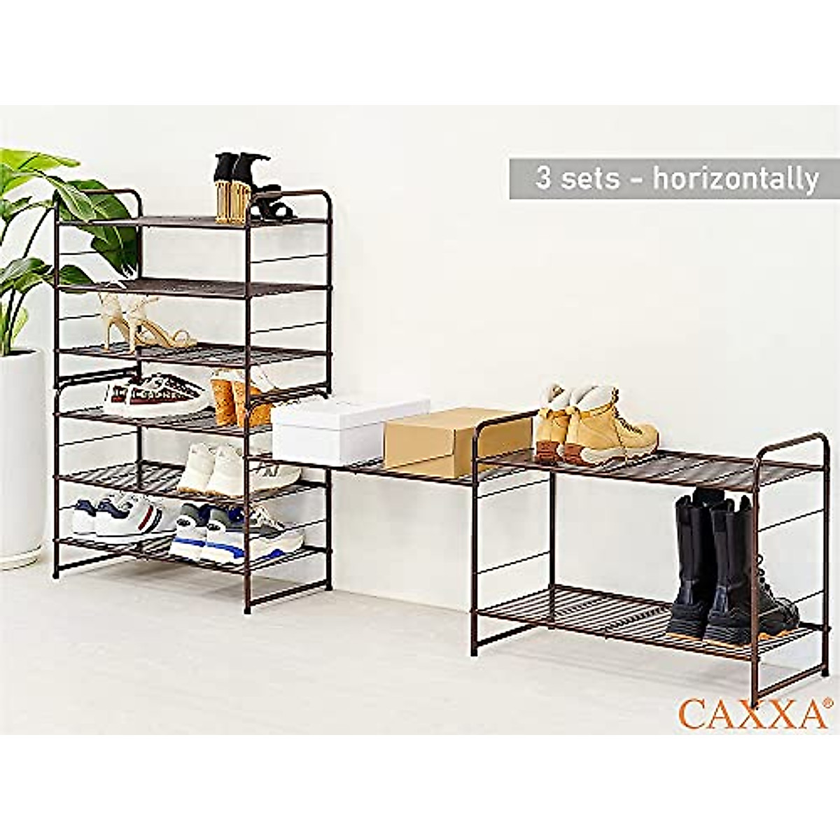 CAXXA Stackable and Expandable Shoe Rack, 3 Shelves Metal Wire Utility Rack, Bronze