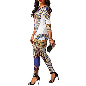 cnFaClu Women's Ethnic African Print Ethinc Floral Tunic Top Shirt Dress and Long Pants Set Tribal Suits 2 Pieces Outfit White XL