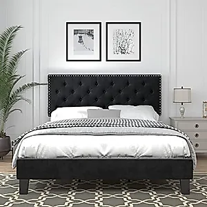 Catrimown Full Size Bed Frame with Adjustable Headboard, Velvet Upholstered Platform Bed Frame, Wooden Slat Support, Mattress Foundation, No Box Spring Needed, Easy Assembly, Black