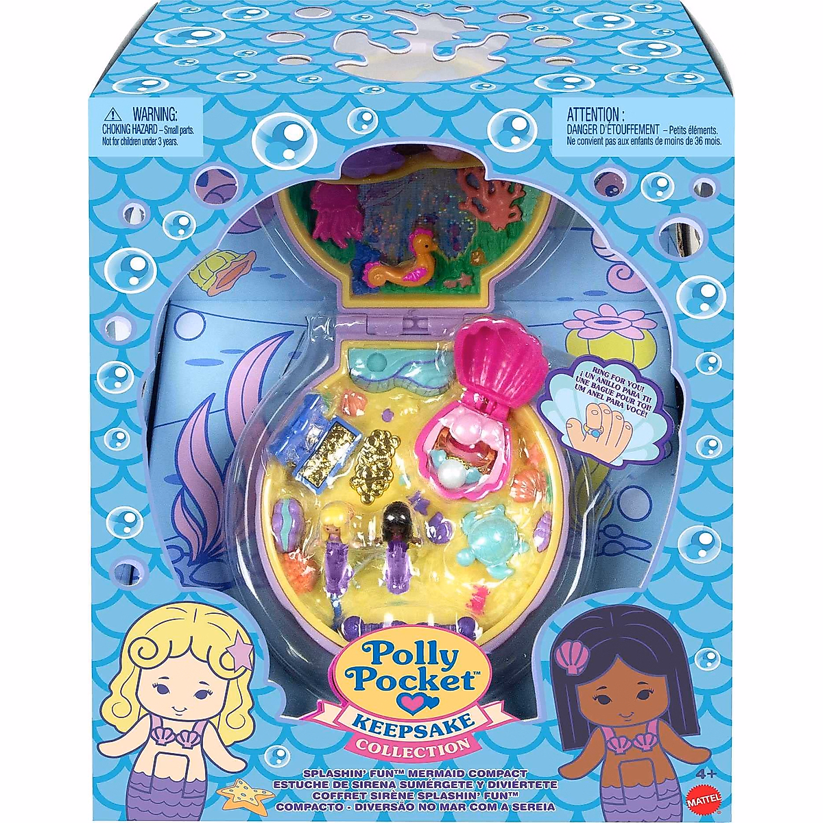 Polly Pocket Keepsake Collection Mermaid Dreams Collectible Compact, Under-The-Sea Theme, Special Box, 2 Mermaid Dolls, Wearable Ring & More, Collectible Gift, Ages 4 Years Old & Up