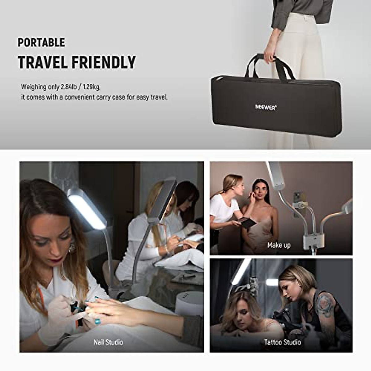 NEEWER Esthetician Light with Phone Holder & Travel Bag Kit, Support 2.4G/PC/MAC Control & Separate Control of 2 LED Light Heads, CRI98+ Bi Color Stepless Dimmable Tattoo Lighting Lash Lamp, BH40B